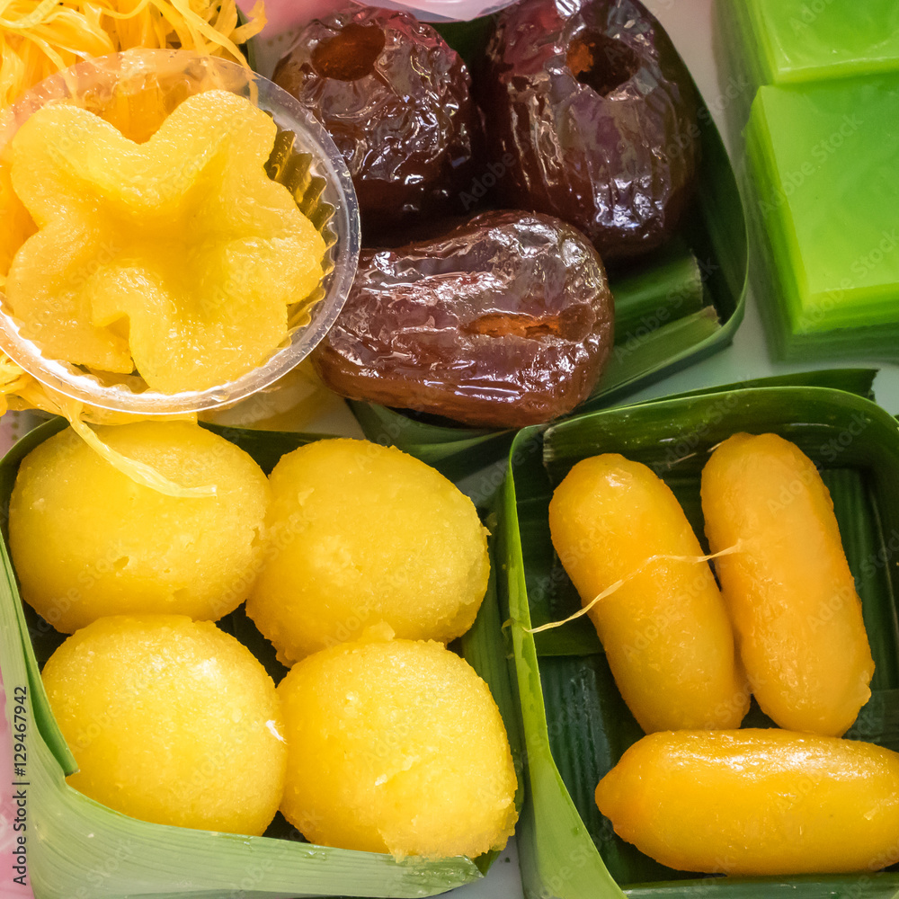 The group of Thai sweet dessert : Layer sweet cake (Kanom Chan), Egg ...