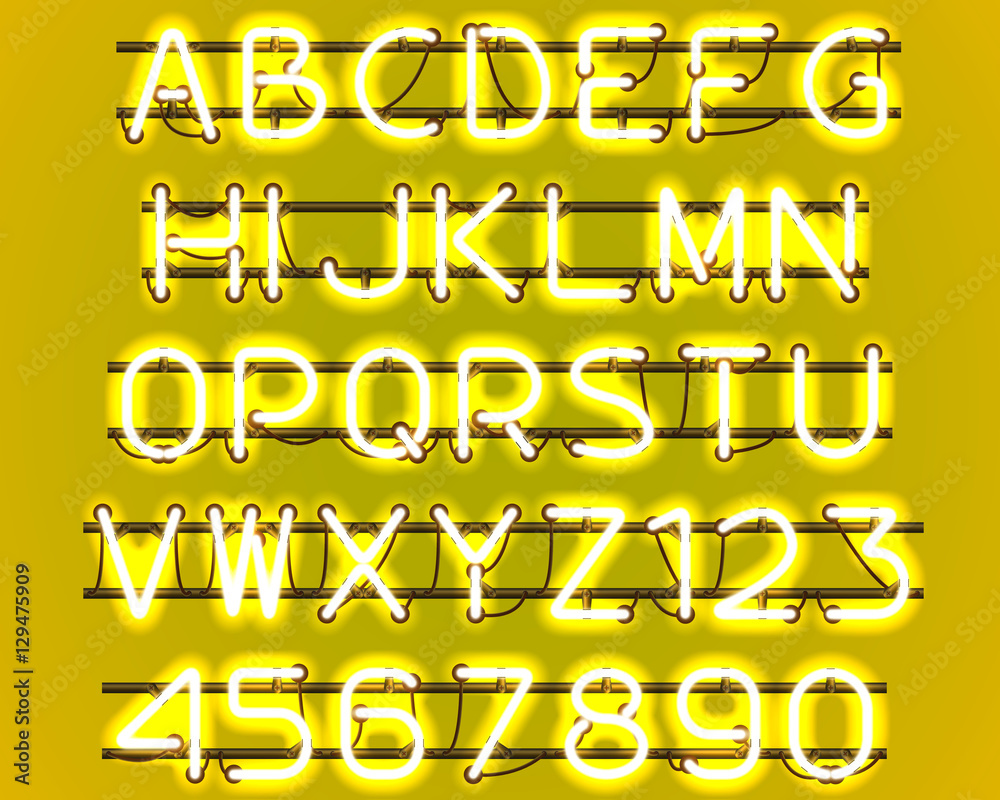 Vetor de Glowing Yellow Neon Alphabet with letters from A to Z and ...