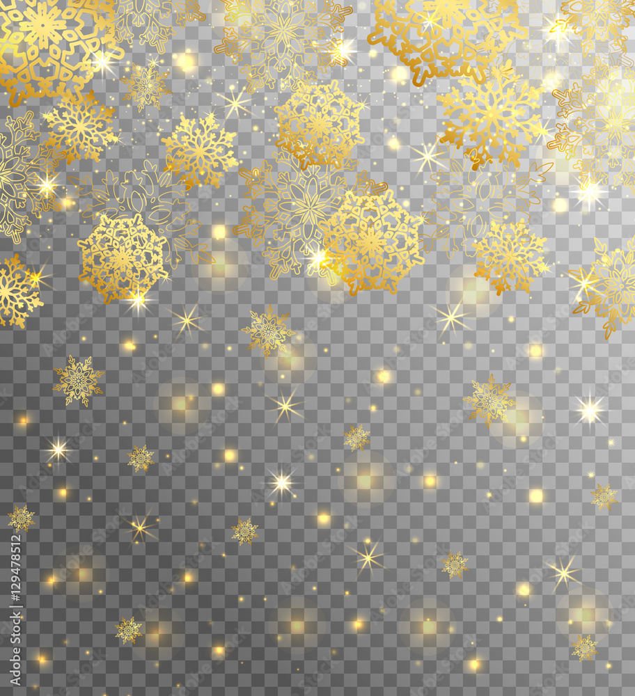Falling gold snowflakes and lights on transparent background. Vector ...