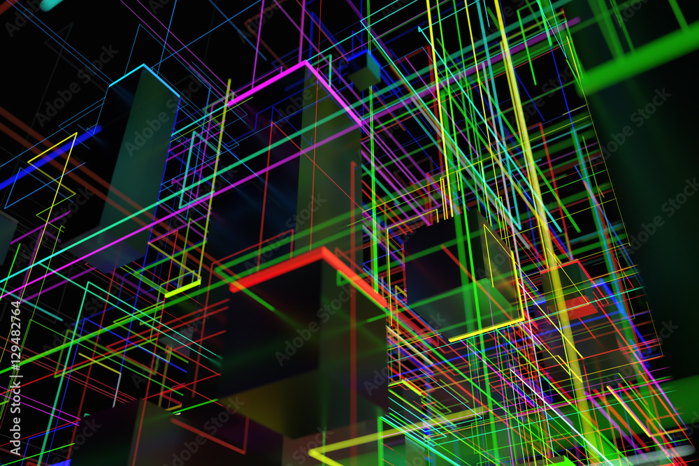 3d rendering abstract technology background. Cubes with glow elements ...