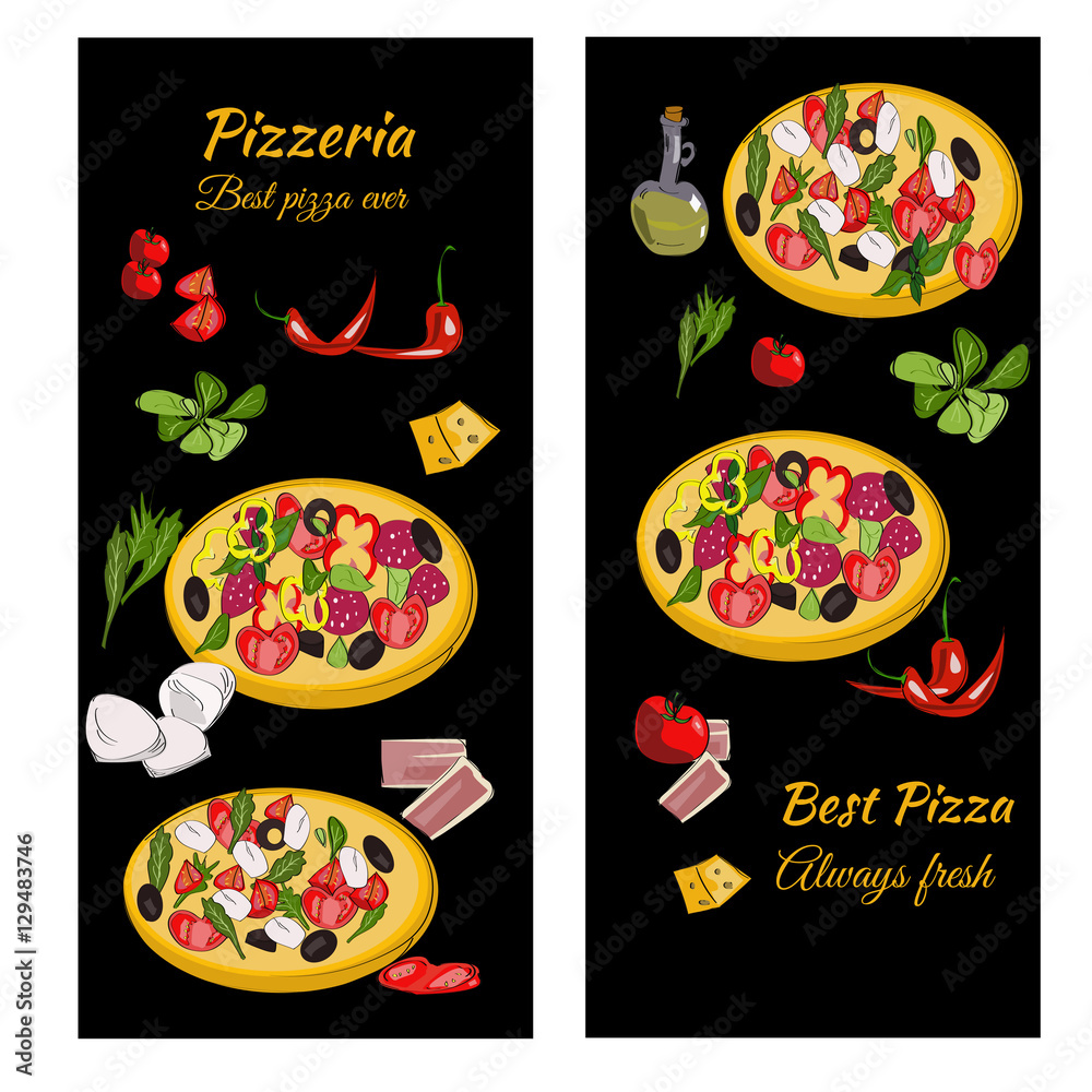 Pizzeria design template. Vertical vector banners set. Pizza restaurant ...