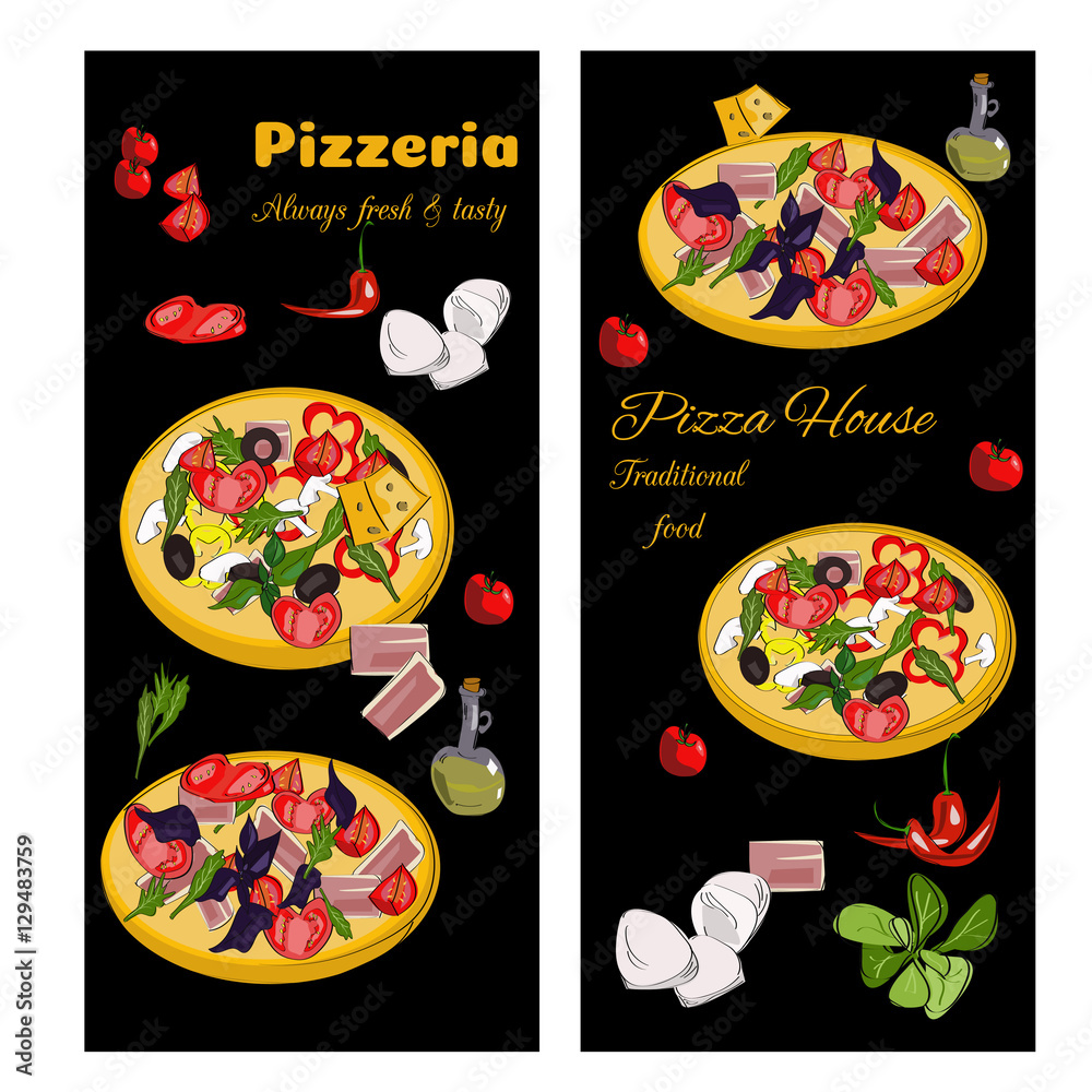Pizzeria design template. Vertical vector banners set. Pizza restaurant ...