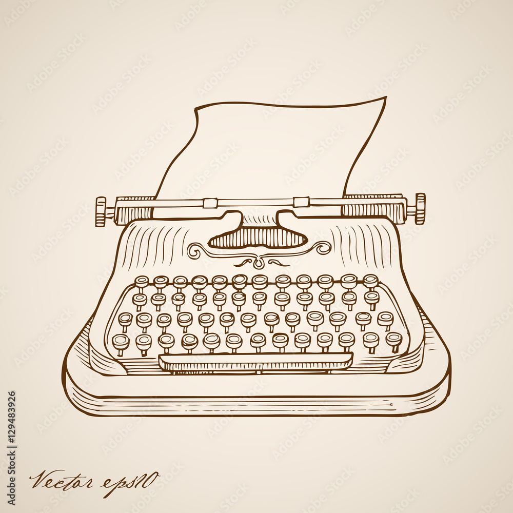 Engraving hand vector typewriter and sheet of paper in it Stock Vector ...