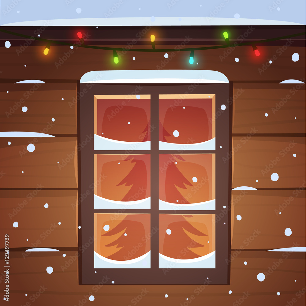 Snow covered window with Christmas lights, cartoon vector illustration ...