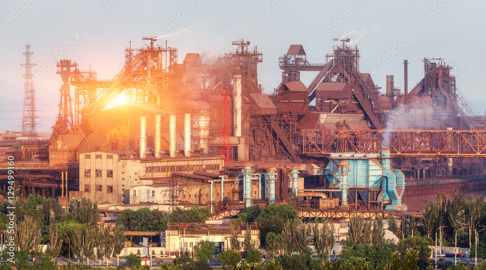 Metallurgical plant at colorful sunset. Industrial landscape. Steel ...