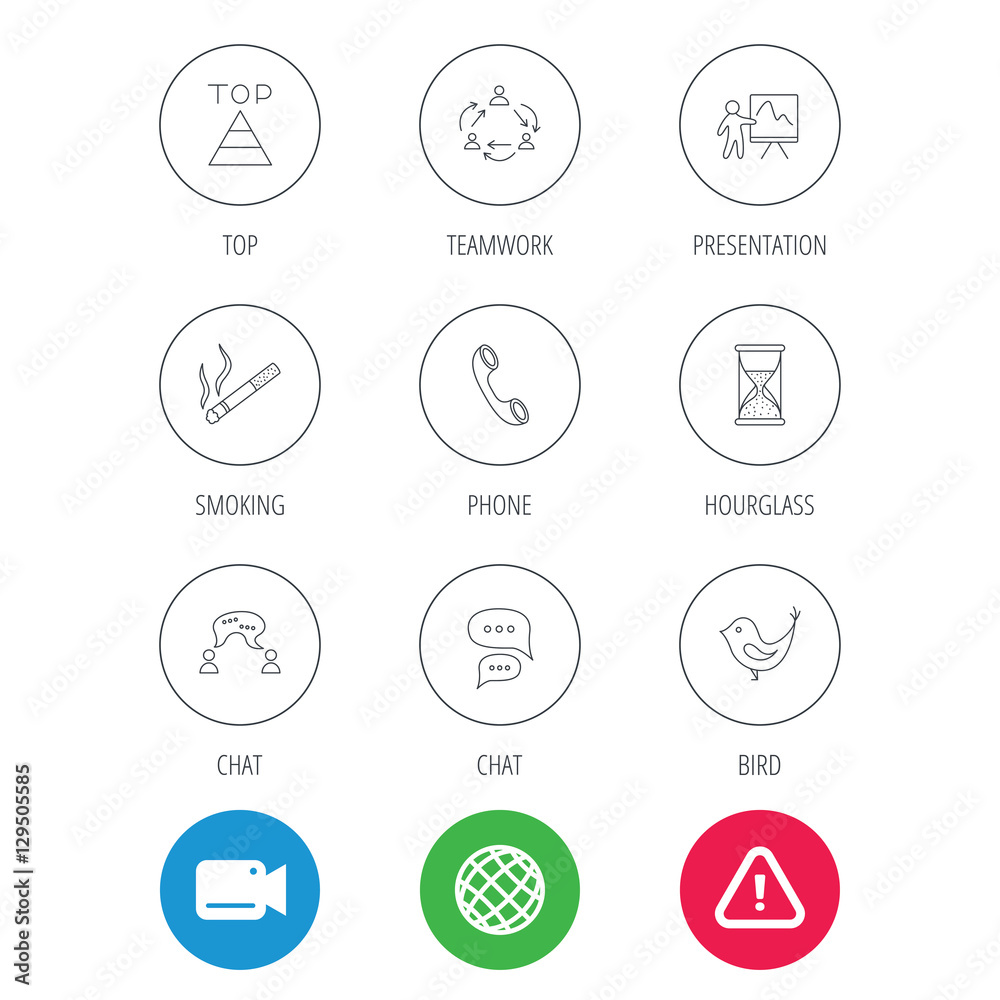 Teamwork, presentation and phone call icons. Chat speech bubble ...