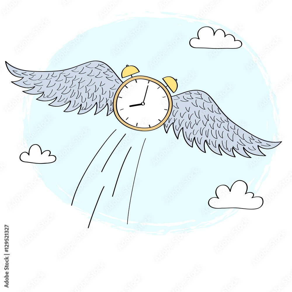 Cartoon clock with wings flying in the sky Stock Vector | Adobe Stock