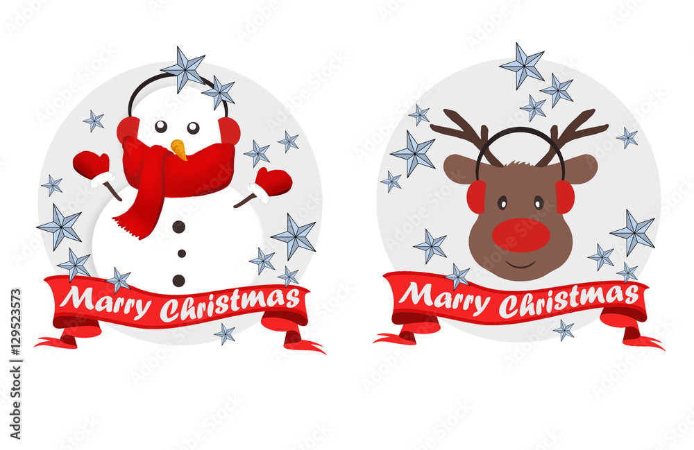Christmas logo set with cute cartoon characters Stock Illustration ...