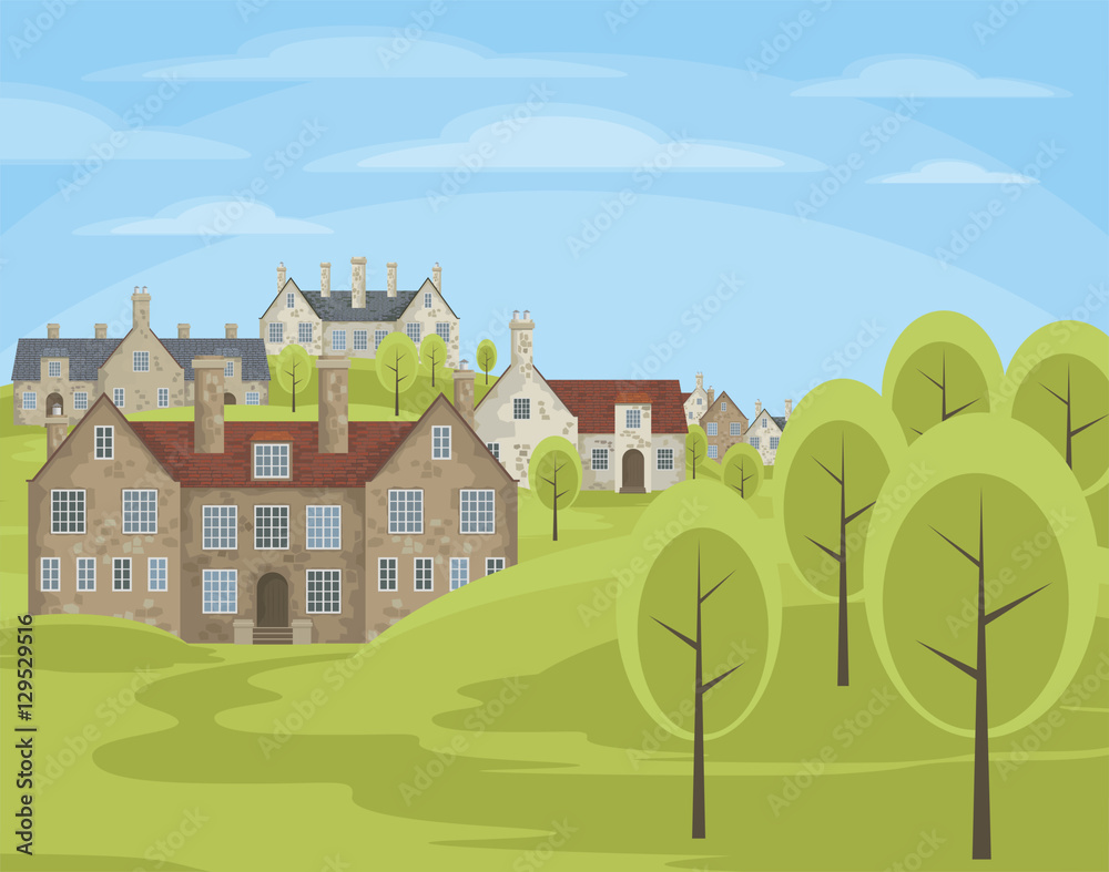 Image of small English villages with old stone houses. Rural landscape ...