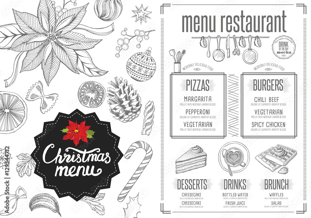 Christmas restaurant brochure, menu template. Vector holiday background ...