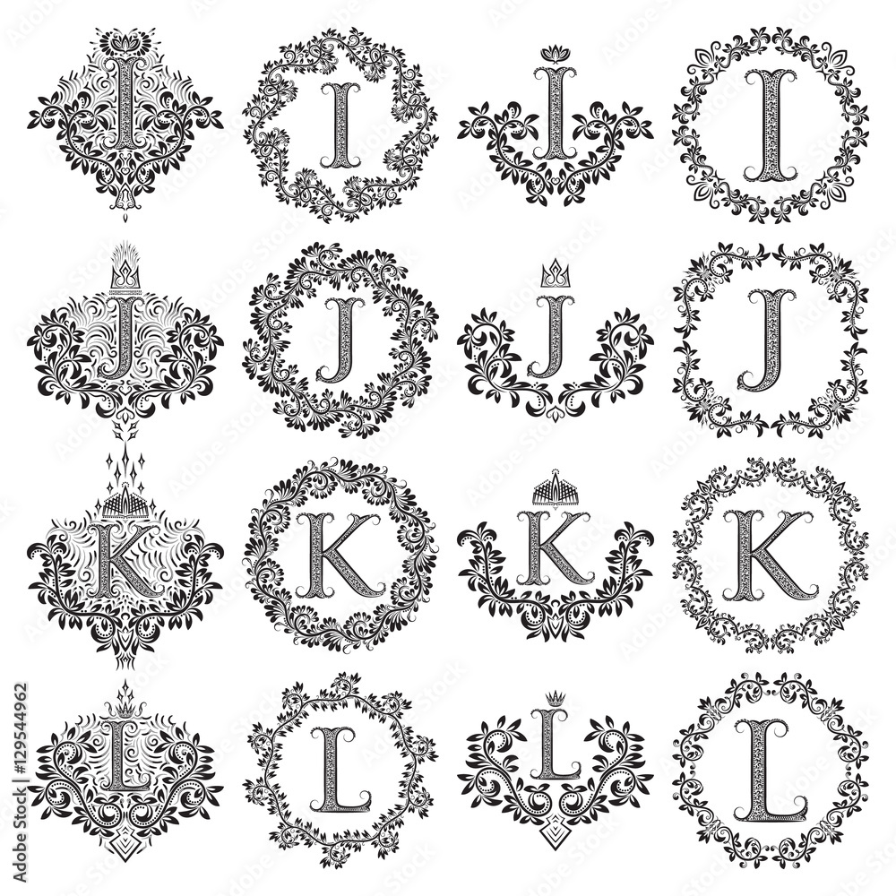 Vintage monograms set of letters I, J, K, L. Heraldic coats of arms, symbols in floral round and ...