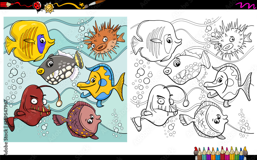 fish characters coloring page Stock Vector | Adobe Stock