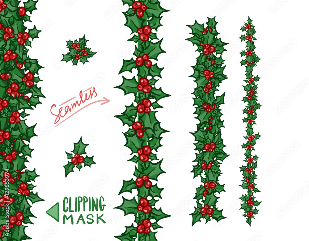 Holly borders and garlands. Vector hand drawn design elements, set for ...
