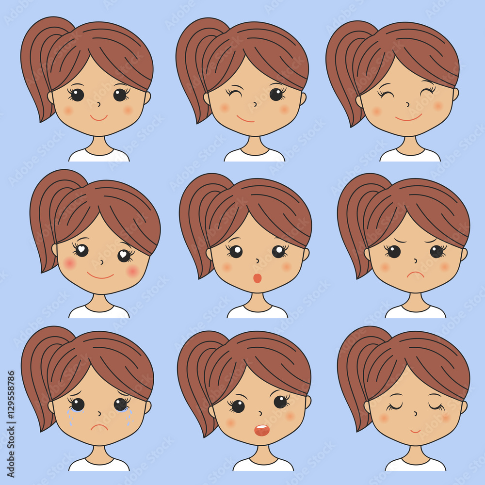 Beautiful woman showing various facial expressions. Happy, sad, angry ...