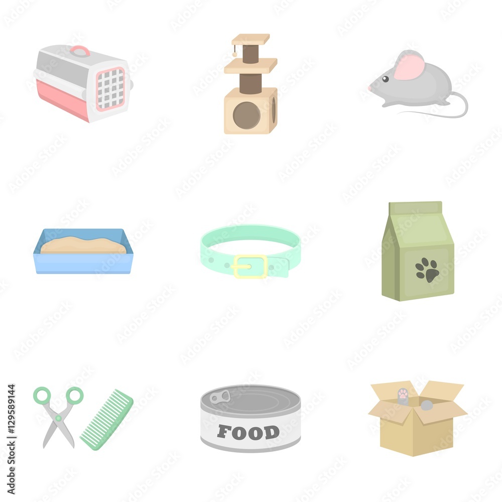 Cat equipment set icons in cartoon style. Big collection of cat ...