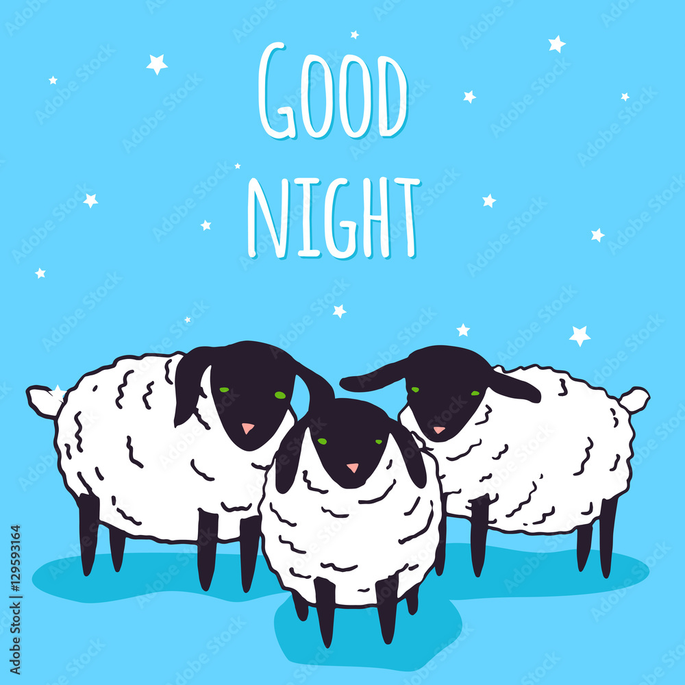 Good night greeting card design. Vector kawaii baby sheep illustration ...