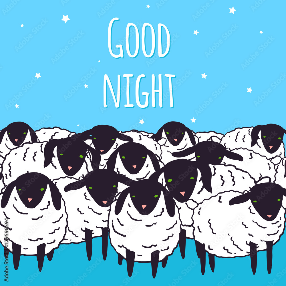 Good night greeting card design. Vector kawaii baby sheep illustration ...