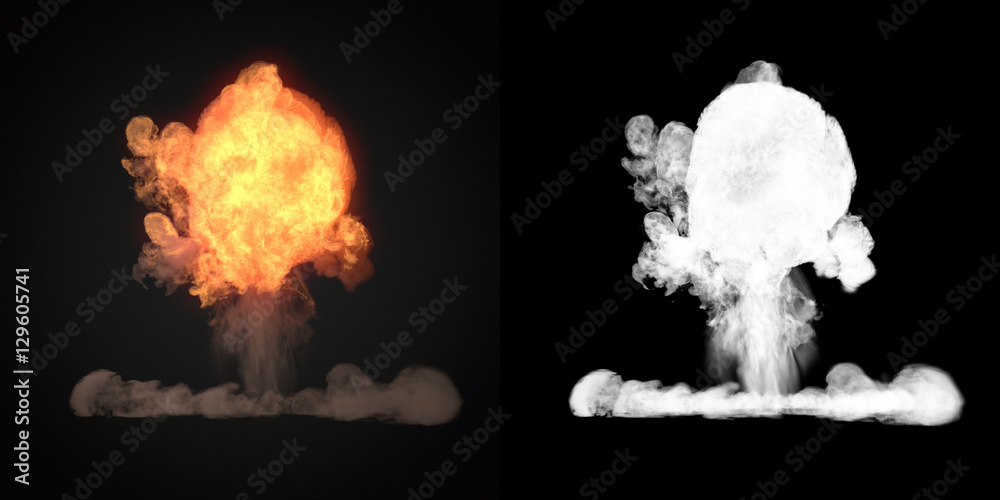 Large explosion with black smoke in dark 3d rendering Stock Photo ...