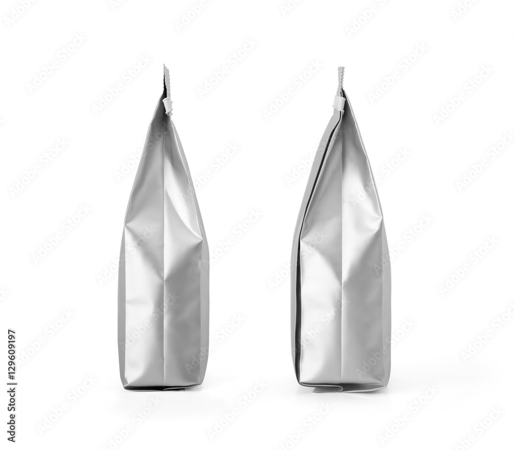 Blank Foil plastic paper bag side view isolated on white background ...