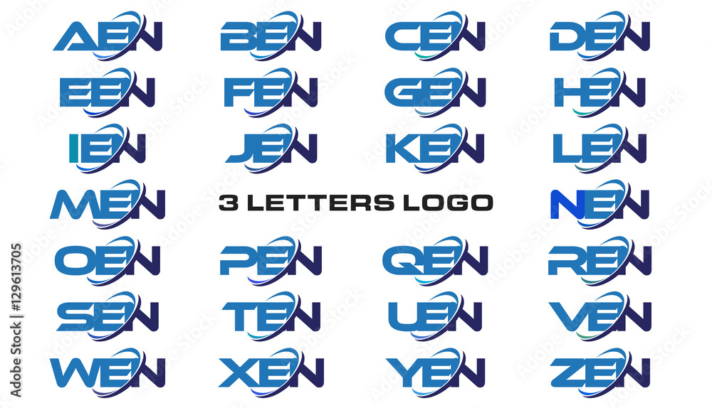 3 letters modern generic swoosh logo AEN, BEN, CEN, DEN, EEN, FEN, GEN ...