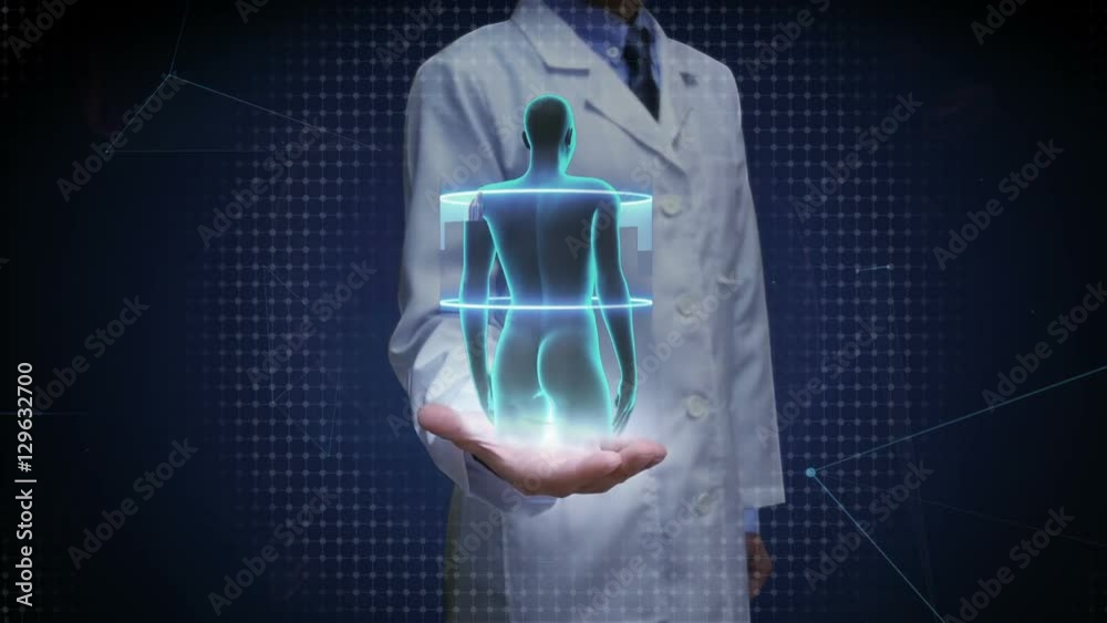 Doctor open palm, Zooming front Female body and scanning heart. Human ...