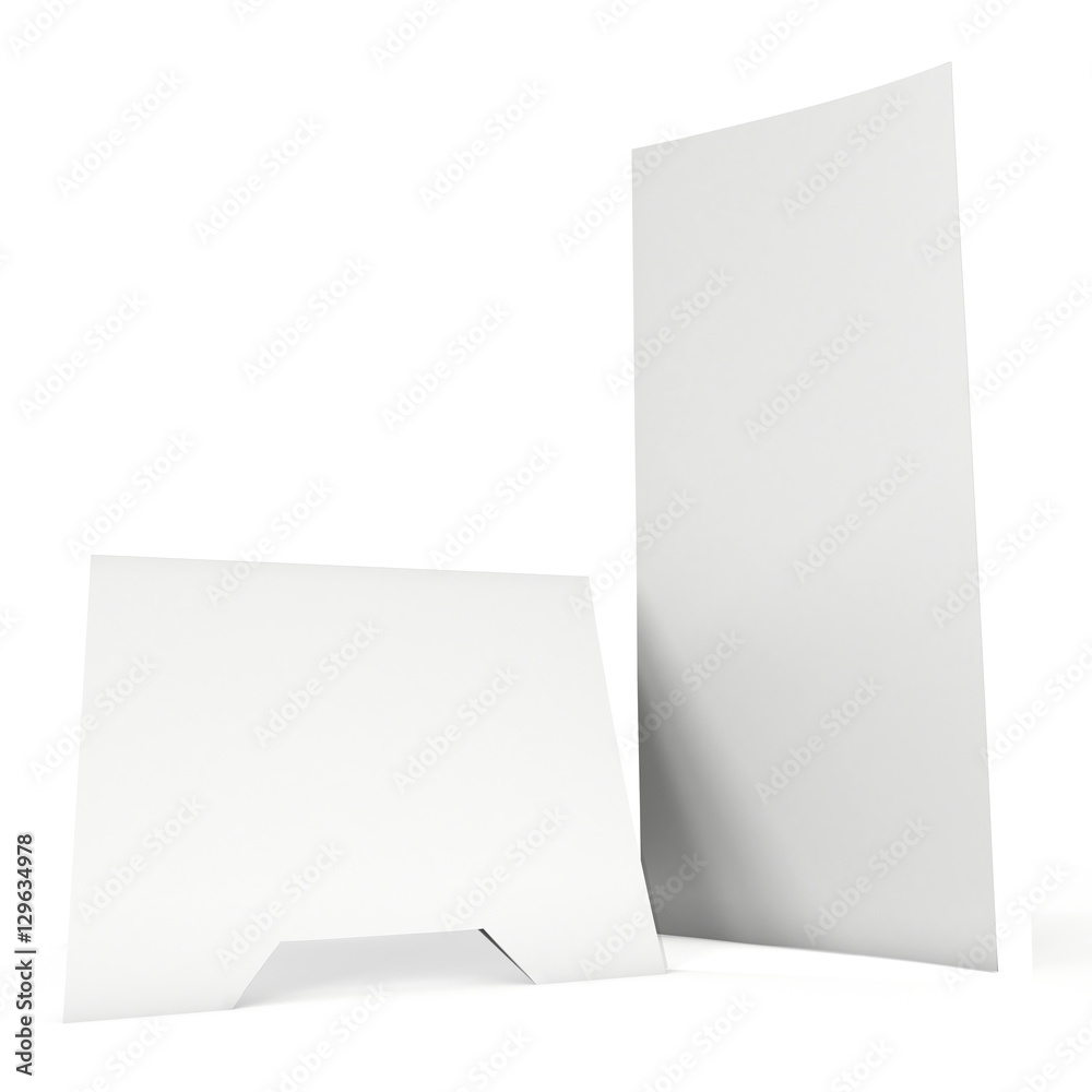 Blank paper triangle tent cards. 3d render illustration isolated. Table ...