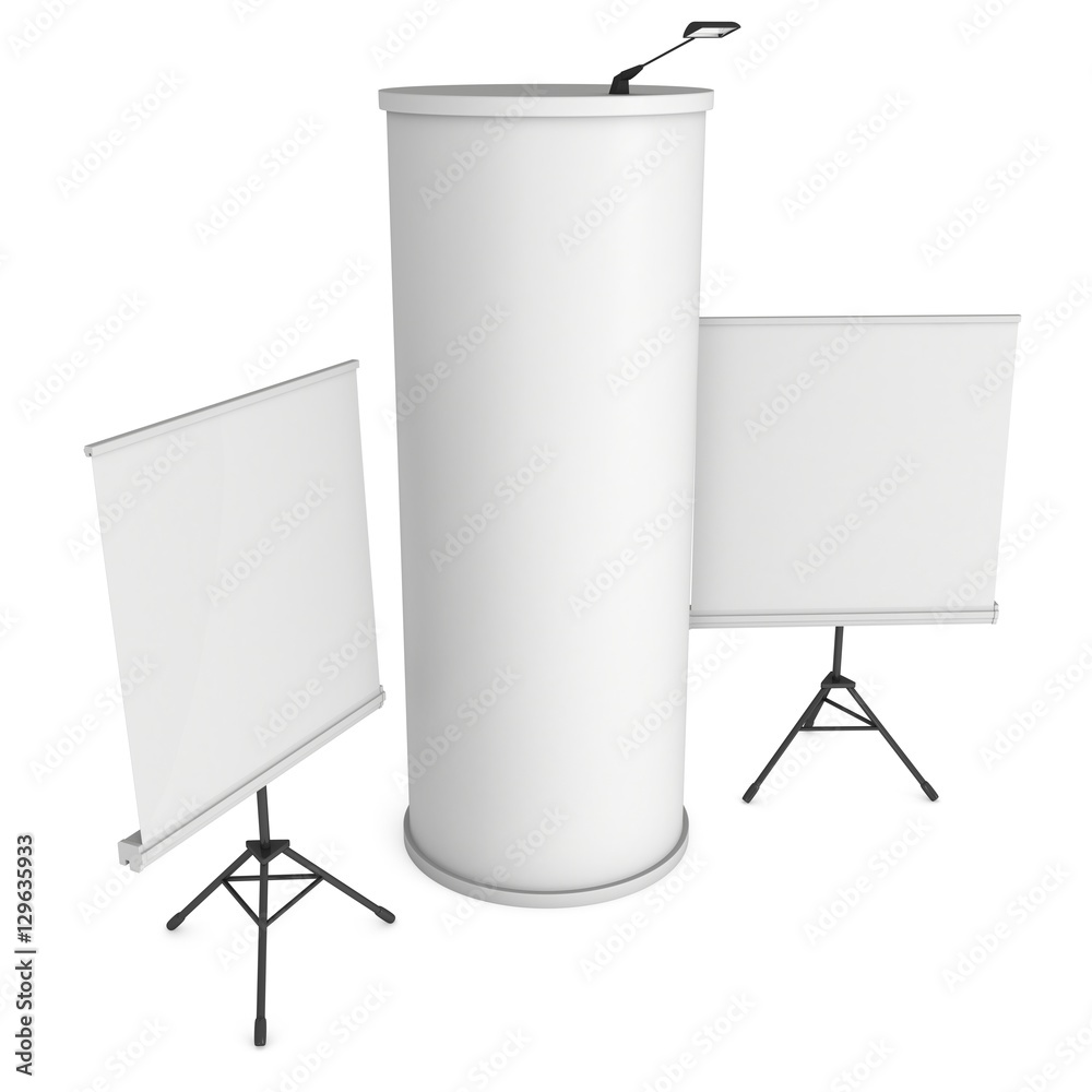 Roll Up and Pop Up Banner Stands and Column. Trade show booth white and ...