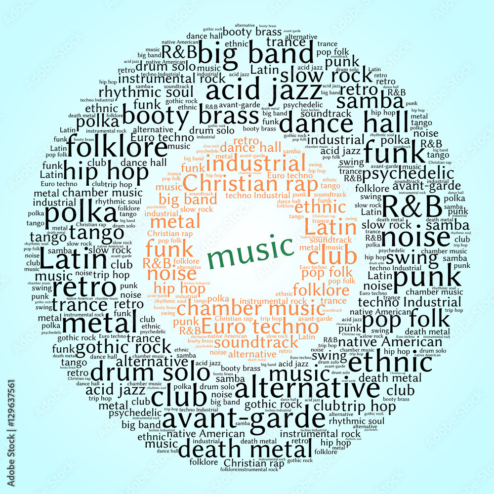 Music. Word cloud, circles, gradient blue background. Musical styles ...
