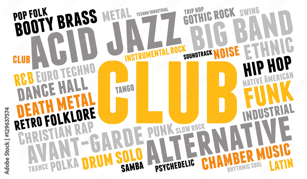 Club. Word cloud, type font, white background. Musical styles. Stock ...