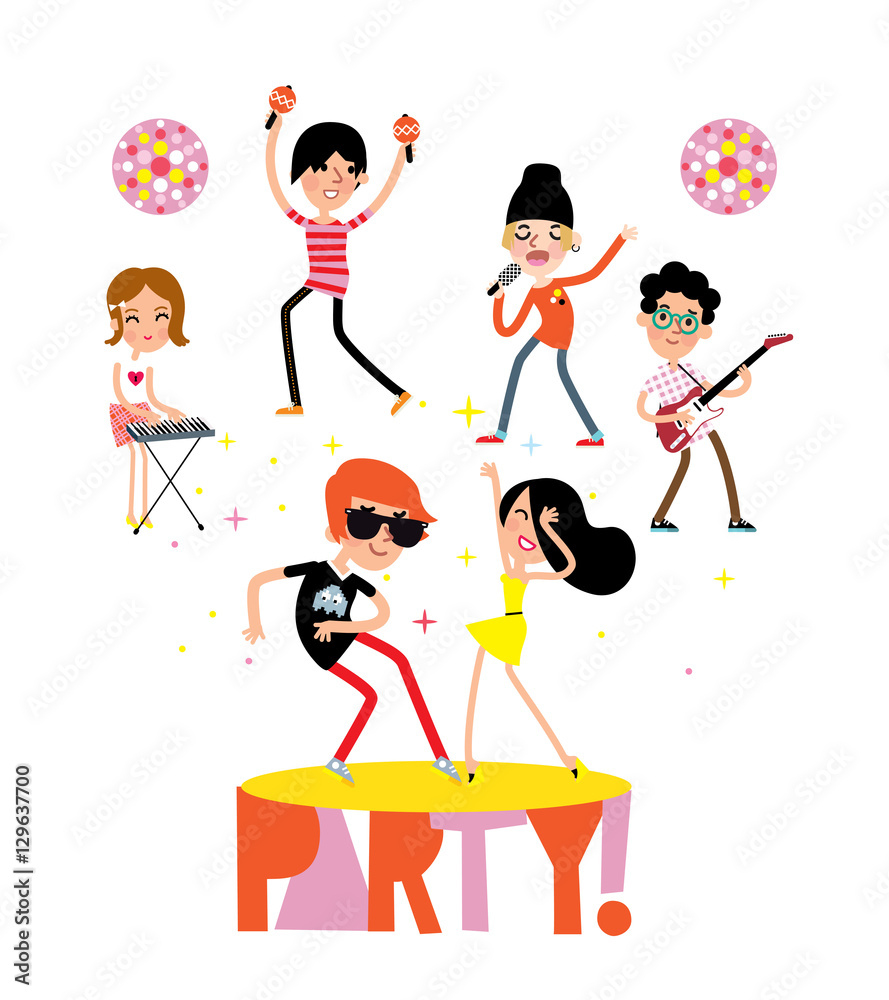 Party. Cartoon style clubbing people dancing, singing and playing music ...
