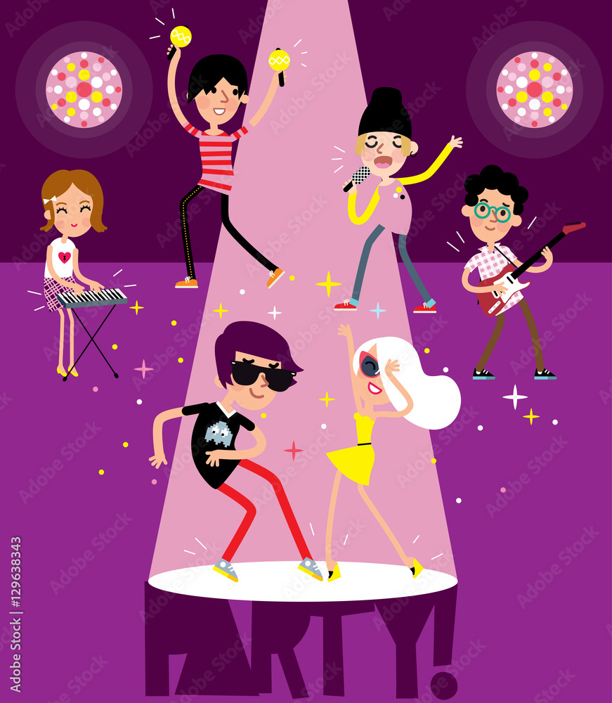 Young woman and man dancing at the party. Music band playing concert ...