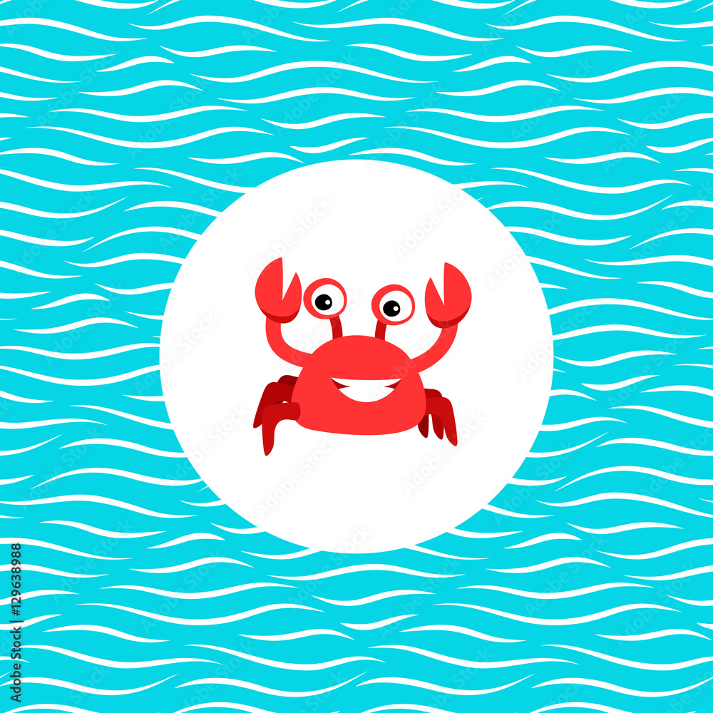 Sea card with crab in circle frame and waves background. Vector ...