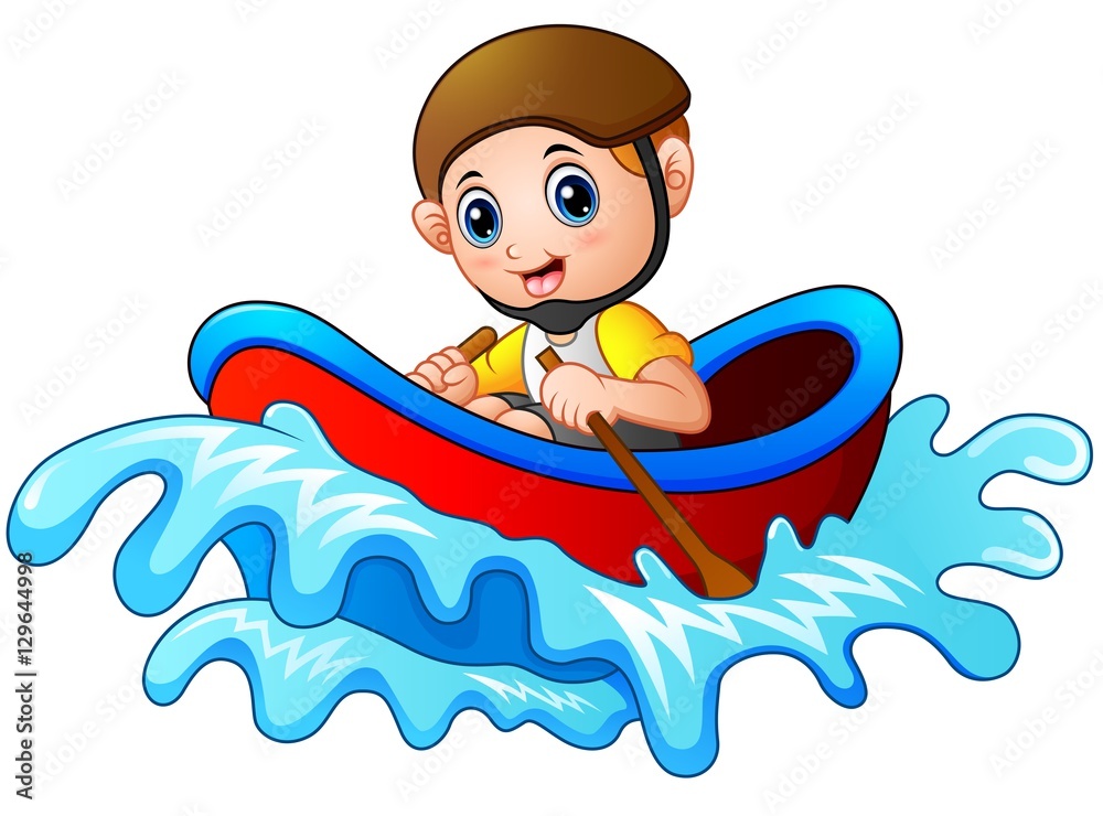Cartoon little boy rowing a boat on a white background Stock Vector ...