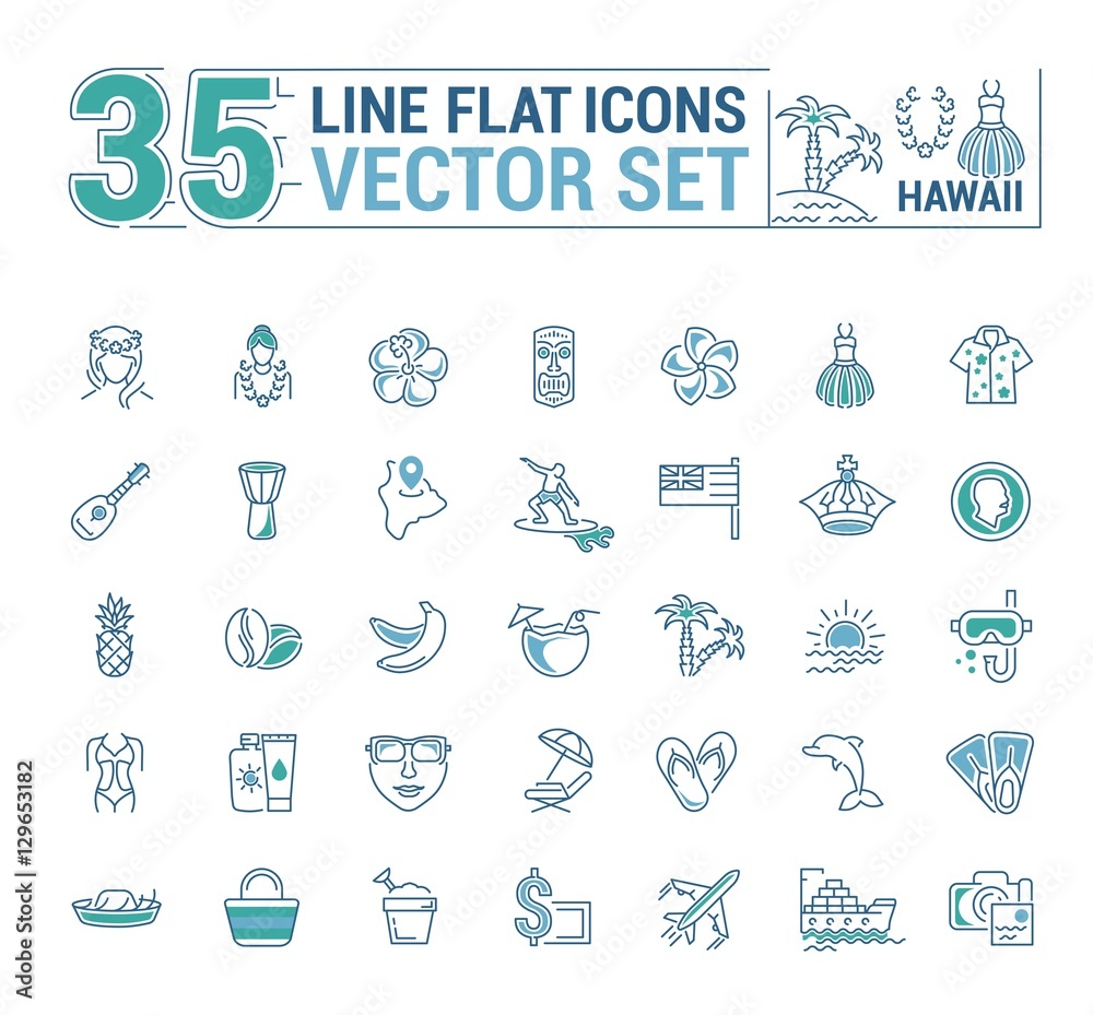Vector graphics set. Illustration of Hawaii islands in a linear, flat ...