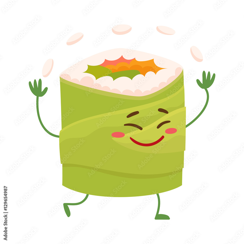 Japanese avocado roll character juggling with rice, cartoon vector ...