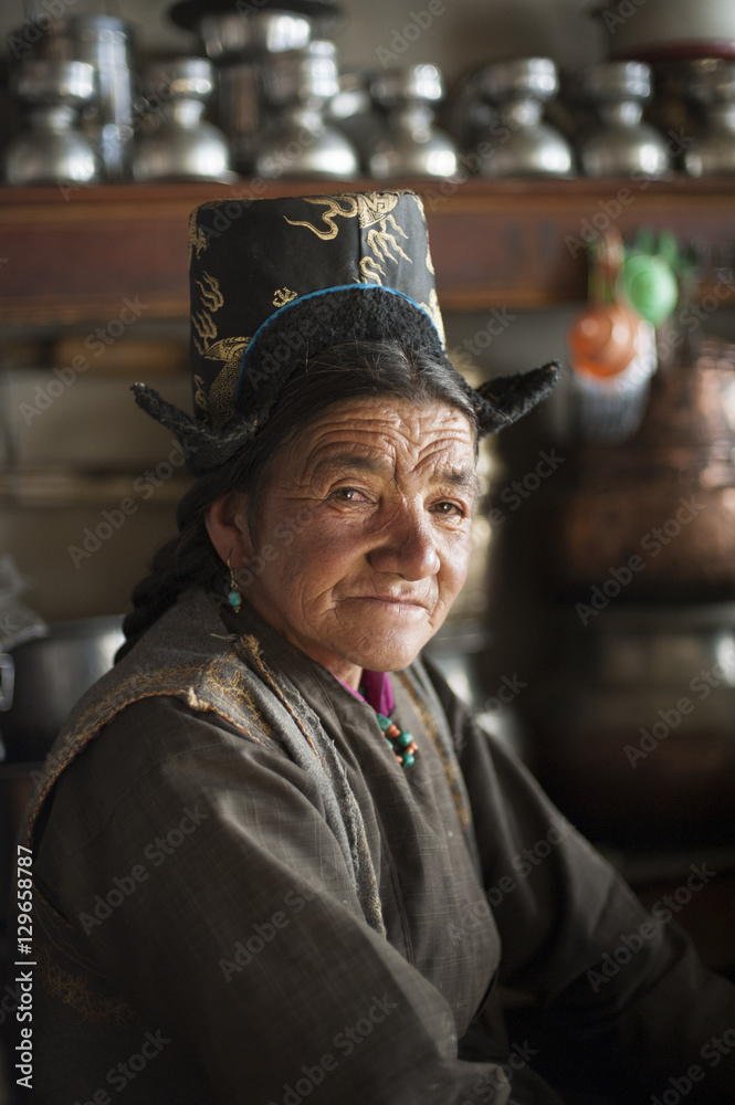 A Ladakhi woman wearing traditional dress, Ladakh Stock Photo | Adobe Stock