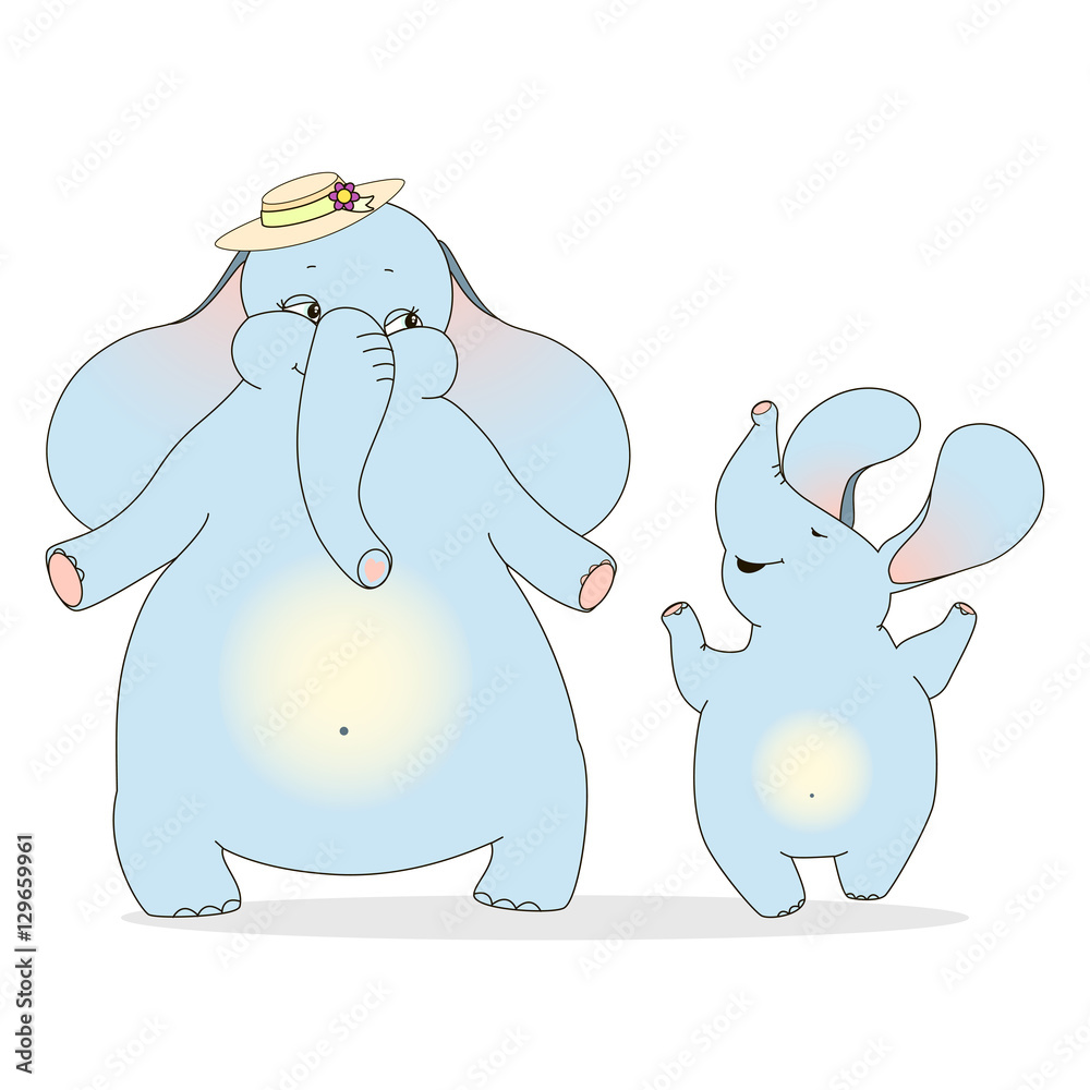 Mother elephant and baby elephant enjoyed. A family. Cartoon wild ...
