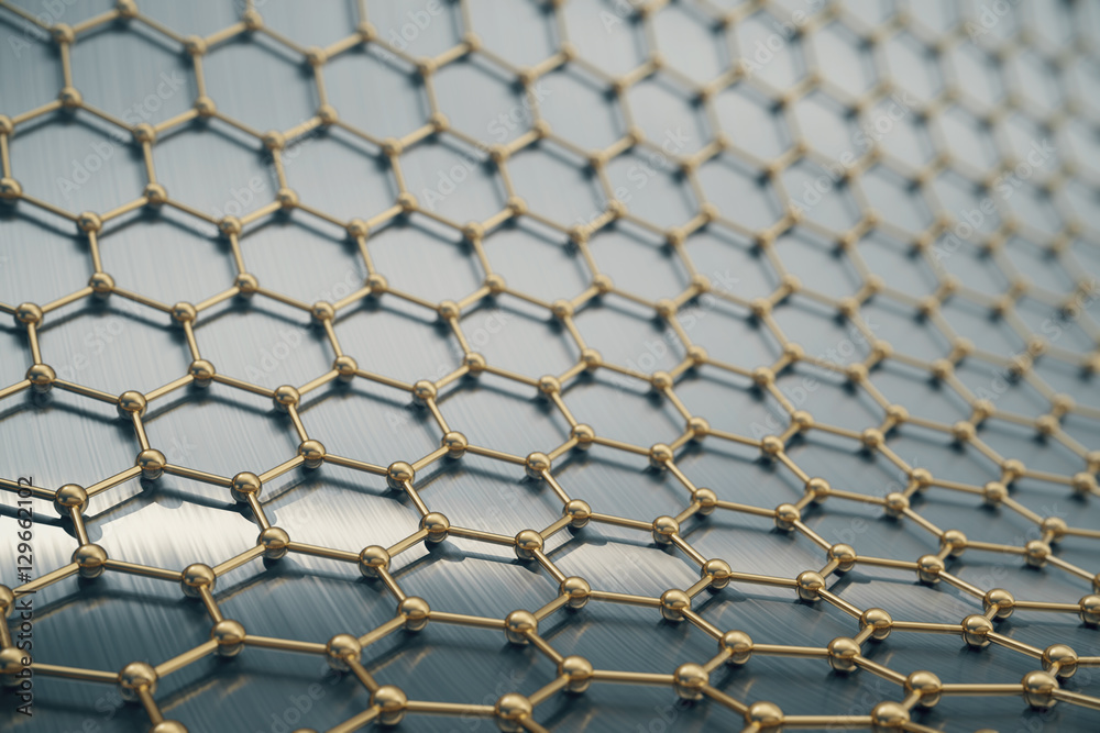 3d rendering gold nanotechnology hexagonal geometric form close-up ...