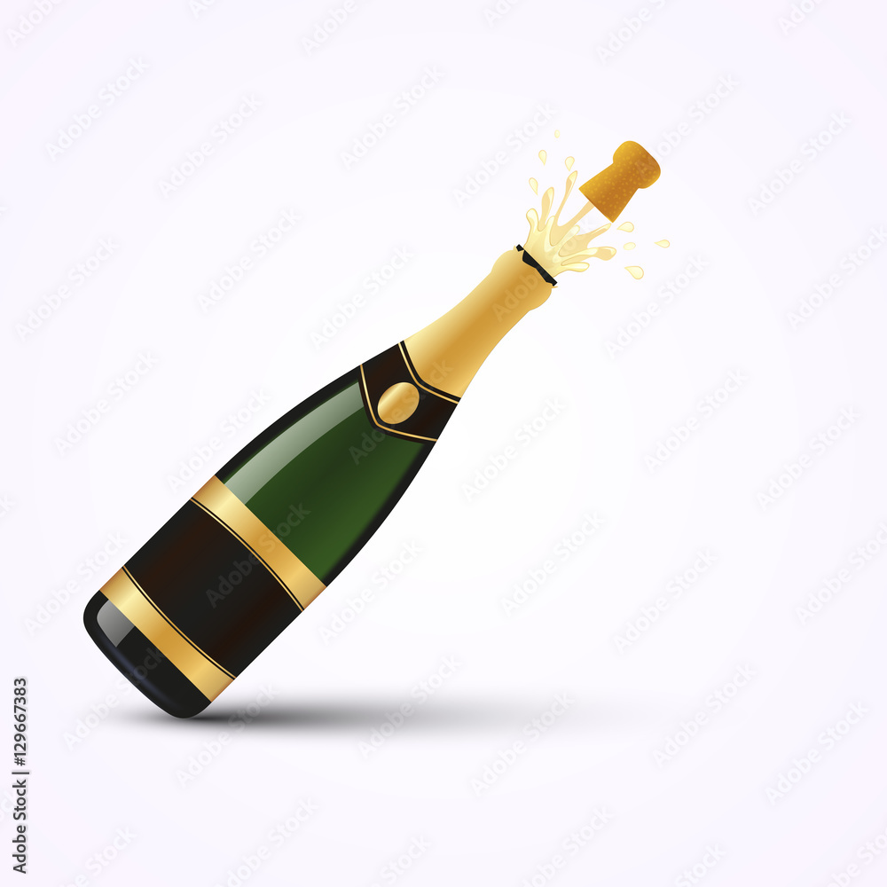 Realistic champagne bottle with gold foil and splash, isolated on white ...