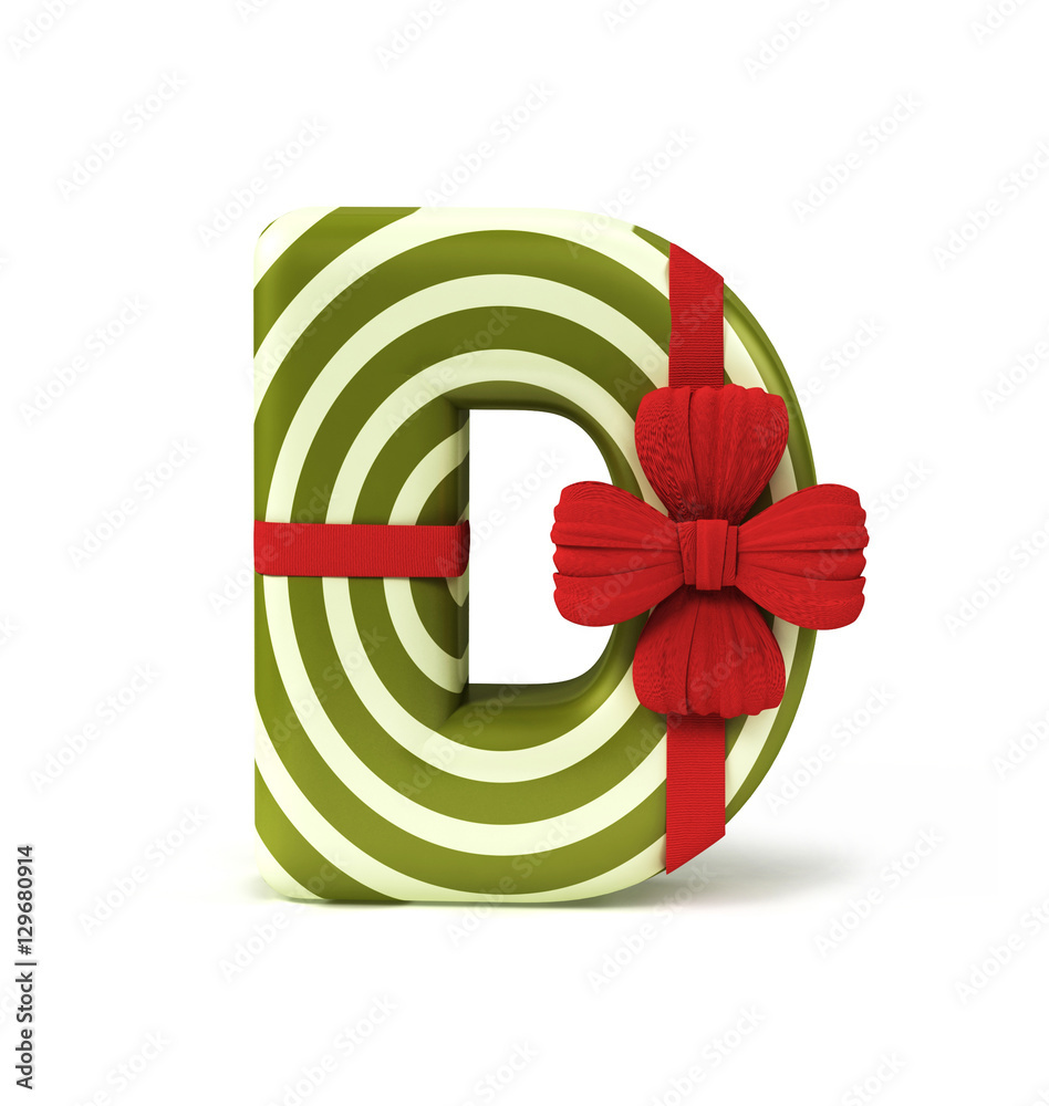 Letter D decorated as Gift Box with Red Ribbon isolated on White ...