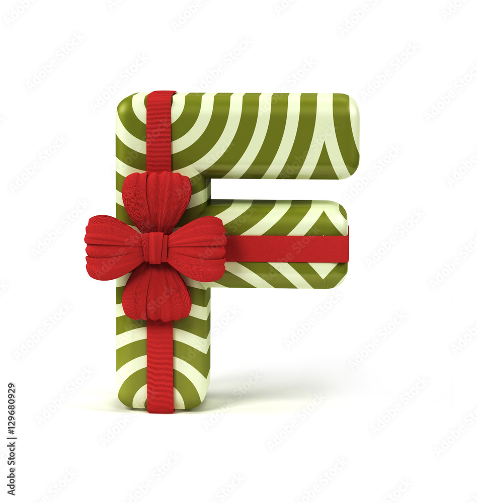 Letter F decorated as Gift Box with Red Ribbon isolated on White ...