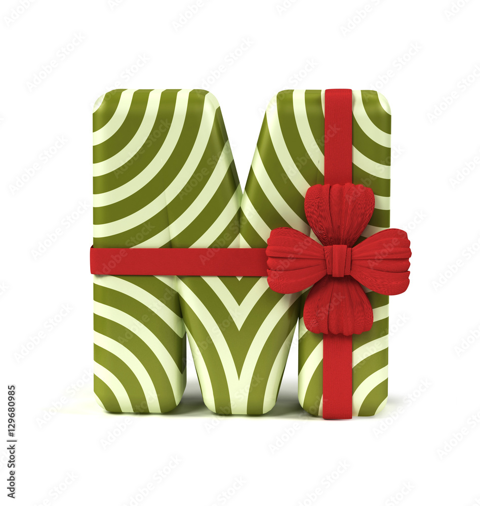 Letter M decorated as Gift Box with Red Ribbon isolated on White ...