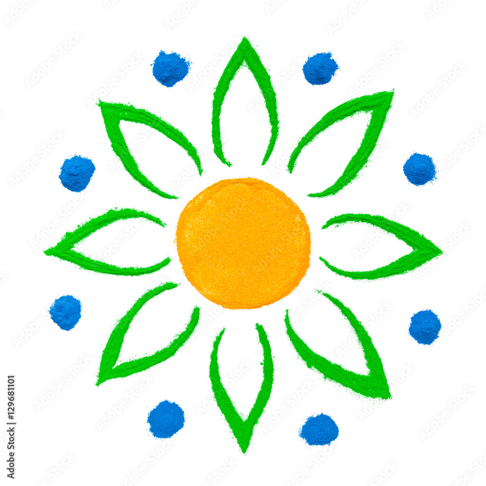 Top view of colorful rangoli design symbol made of soil colors isolated ...