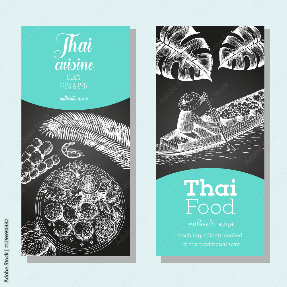 Asian food flyer set. Asian food vertical banner collection. Thai food ...
