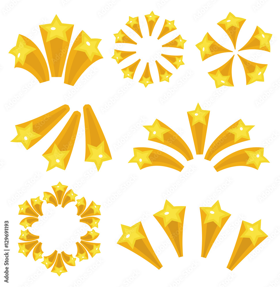 Stars burst icon set cartoon style. Yellow star explosion fireworks ...