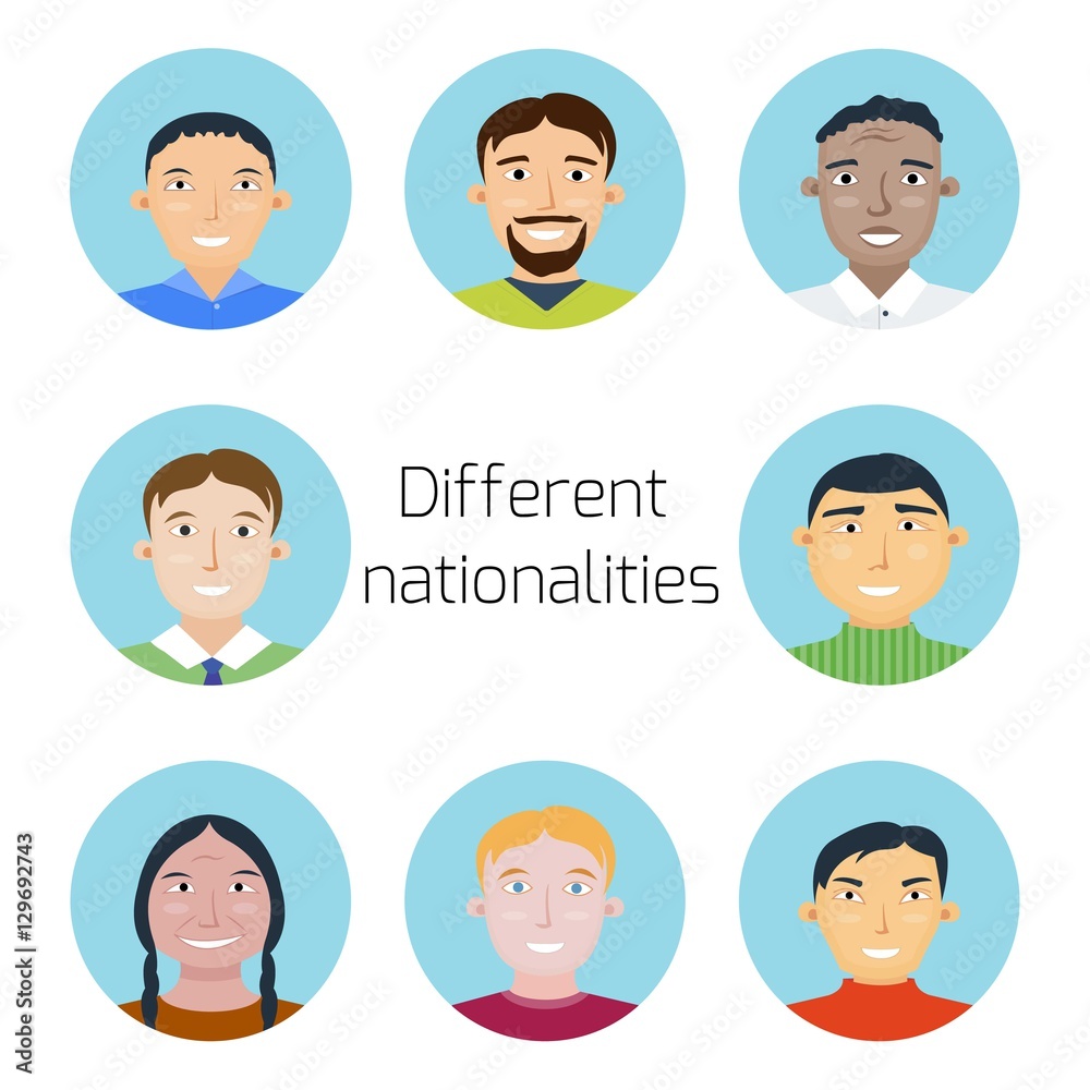 Set of people of different nationalities. Group of men, Chinese and ...