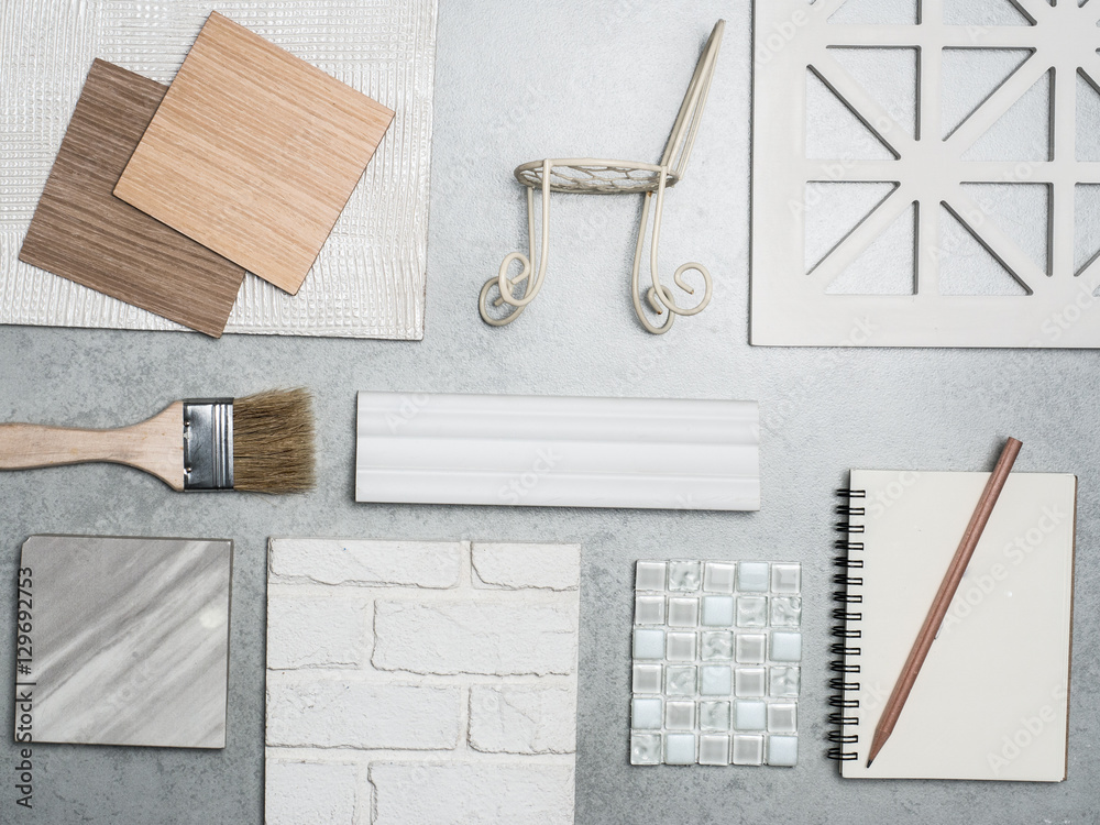 Samples of material on white background. interior design select ...