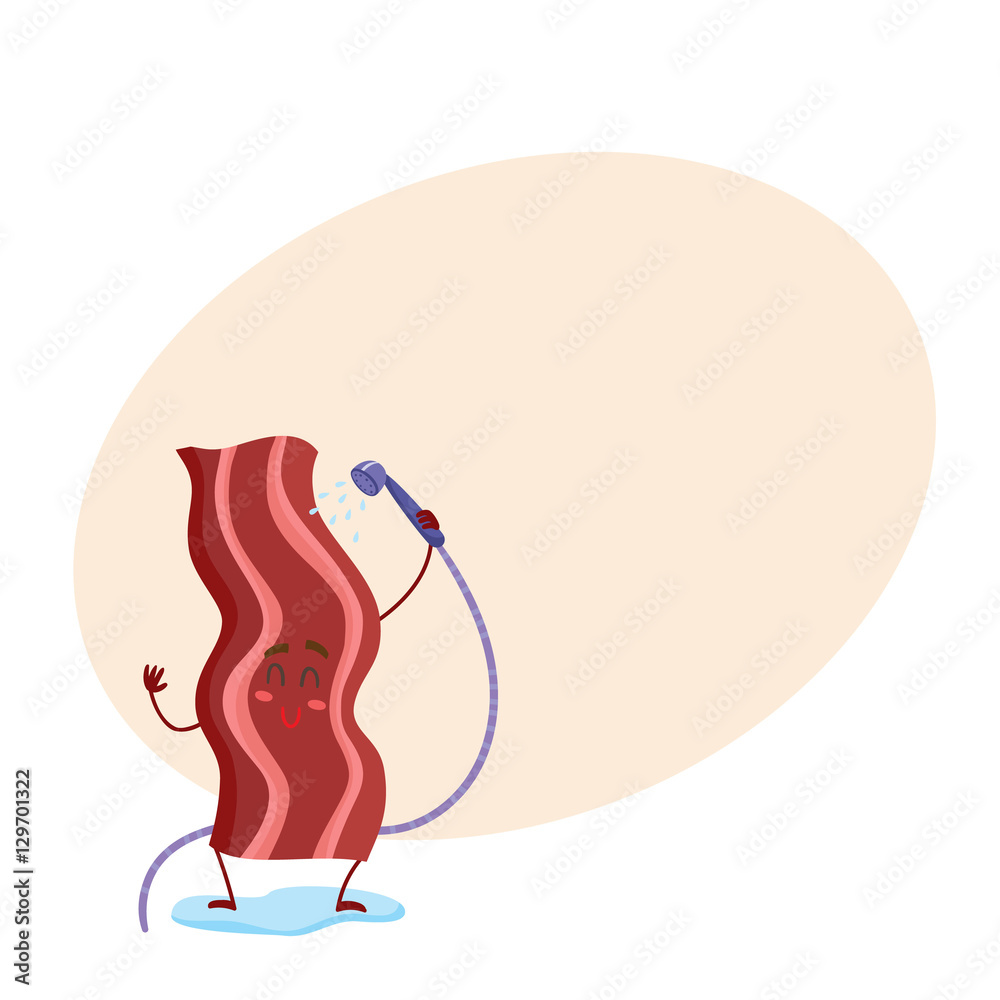 Cute and funny fried bacon strip character taking a shower, cartoon ...