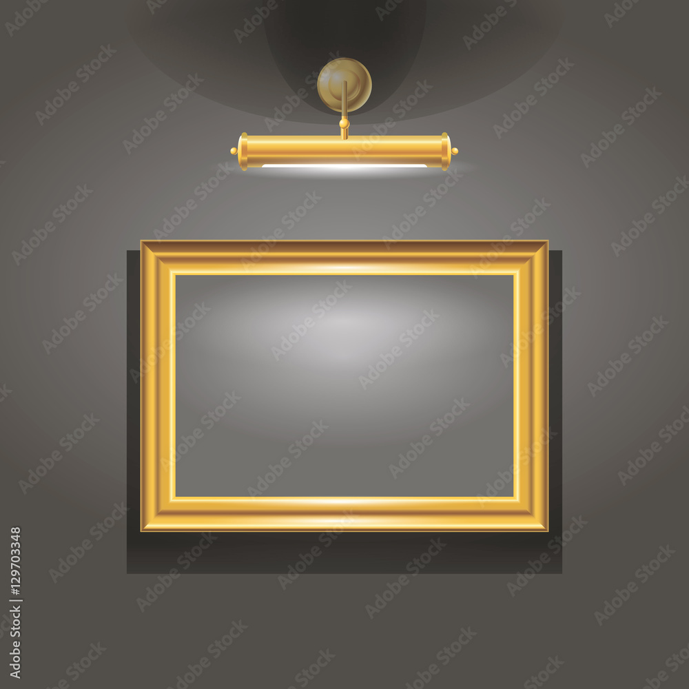 Empty golden frame on a wall with a lamp, editable template, vector ...