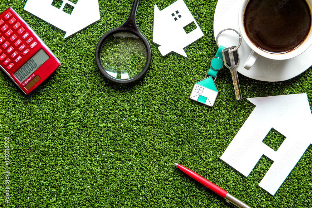 concept of buying house on green background top view Stock Photo ...